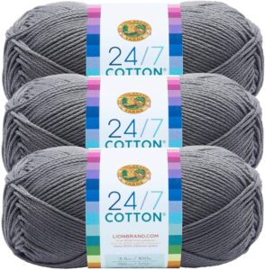 lion brand 24/7 cotton yarn, yarn for knitting, crocheting, and crafts, silver, 3 pack