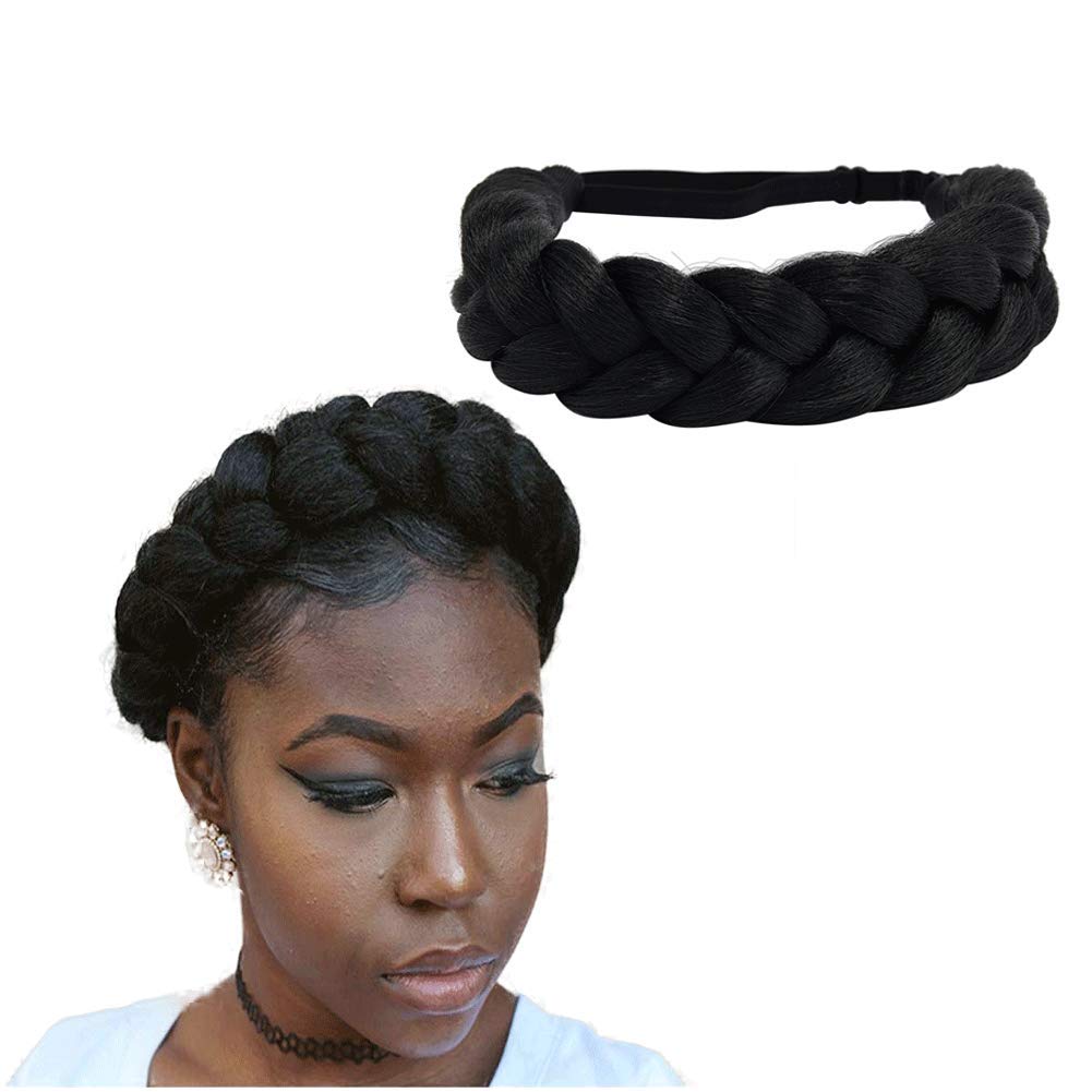 TOECWEGR Hair Braided Headband Classic Chunky Wide Thick Plaited Braids Elastic Stretch Syntheti Buckling Hairpiece Braid Headband