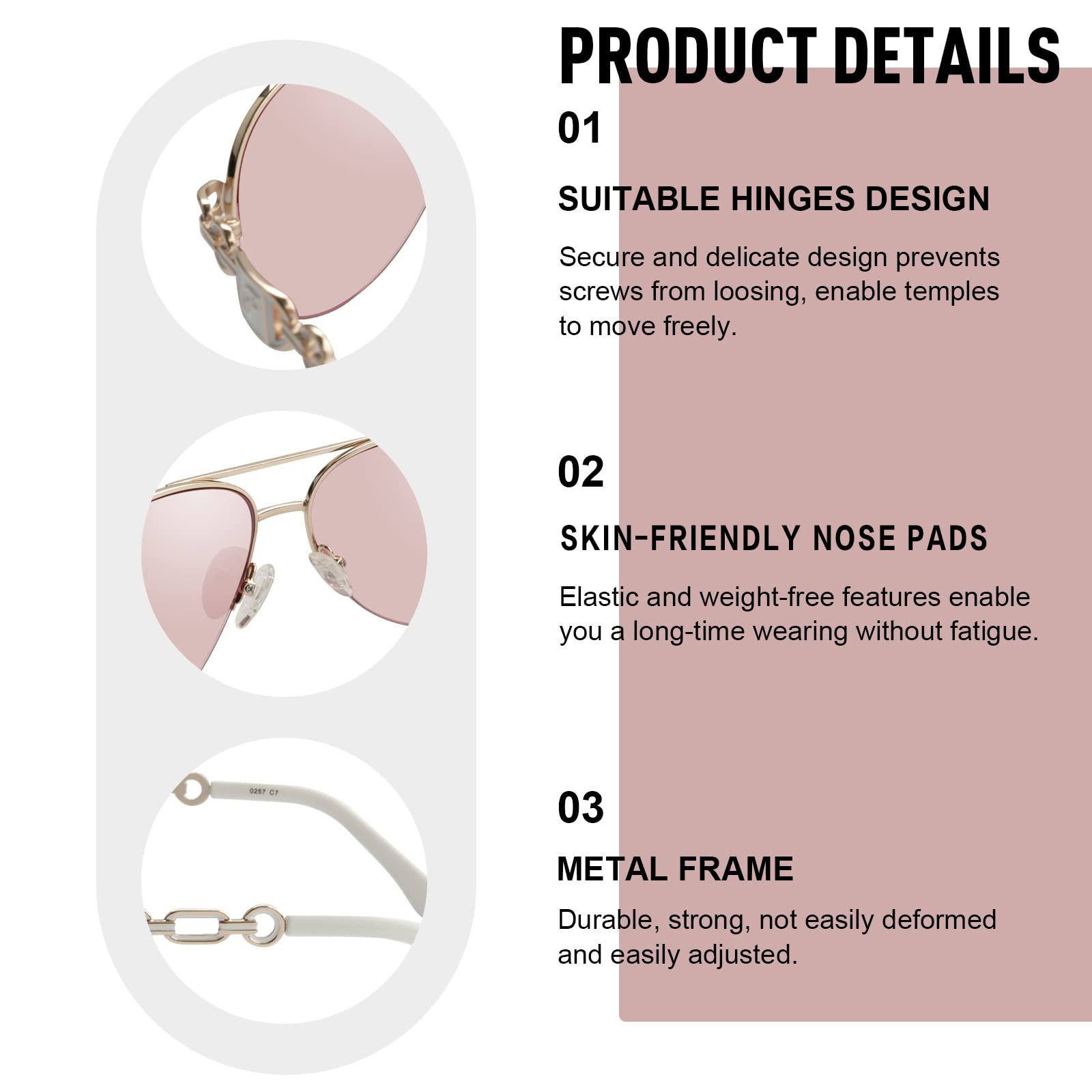 FONHCOO Aviator Sunglasses for Women Men Oversized Metal Frame UV400 Mirrored Sunglasses (pink&white)