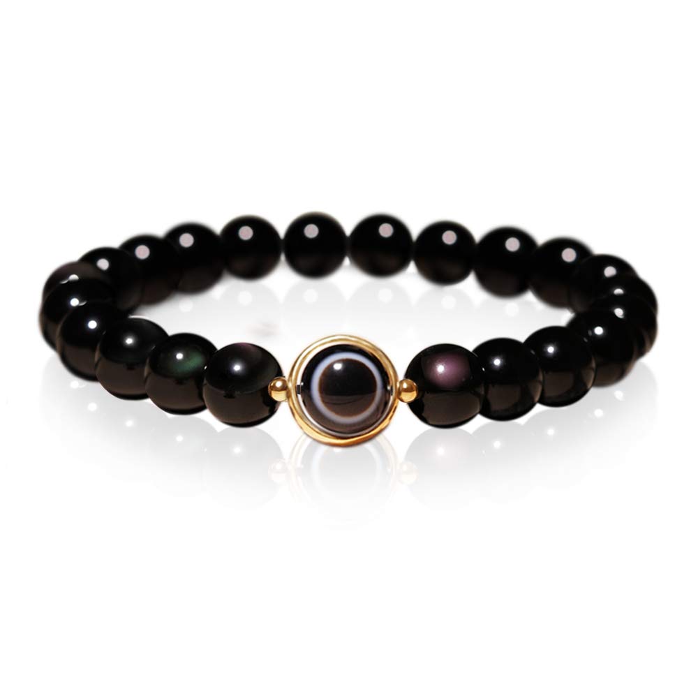 L&C Feng Shui Black Obsidian Wealth Bracelet - 8MM 10MM Women Mens Bracelets Natural Black Obsidian Crystal Evil Eye Agate Bring Luck Prosperity Elastic Stretch Beaded Bracelet for Woman Men (8MM)