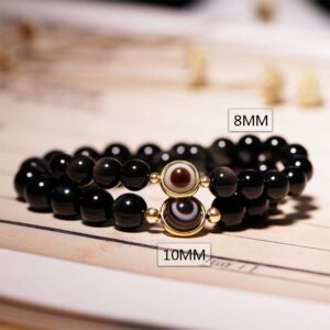 L&C Feng Shui Black Obsidian Wealth Bracelet - 8MM 10MM Women Mens Bracelets Natural Black Obsidian Crystal Evil Eye Agate Bring Luck Prosperity Elastic Stretch Beaded Bracelet for Woman Men (8MM)