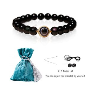 L&C Feng Shui Black Obsidian Wealth Bracelet - 8MM 10MM Women Mens Bracelets Natural Black Obsidian Crystal Evil Eye Agate Bring Luck Prosperity Elastic Stretch Beaded Bracelet for Woman Men (8MM)