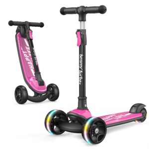 besrey kick scooter for kids ages 3-10, 3 wheel scooter for kids with adjustable height, folding kids scooter with led light wheels rear brak extra wide deck outdoor activities for boys/girls (pink)