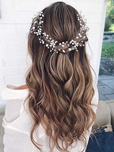 GORAIS Pearl Bridal Hair Vine Silver Crystal Wedding Headband Bride Hair Pieces Flower Hair Accessories for Women and Girls