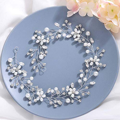 GORAIS Pearl Bridal Hair Vine Silver Crystal Wedding Headband Bride Hair Pieces Flower Hair Accessories for Women and Girls