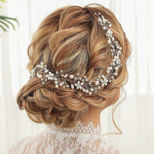 GORAIS Pearl Bridal Hair Vine Silver Crystal Wedding Headband Bride Hair Pieces Flower Hair Accessories for Women and Girls