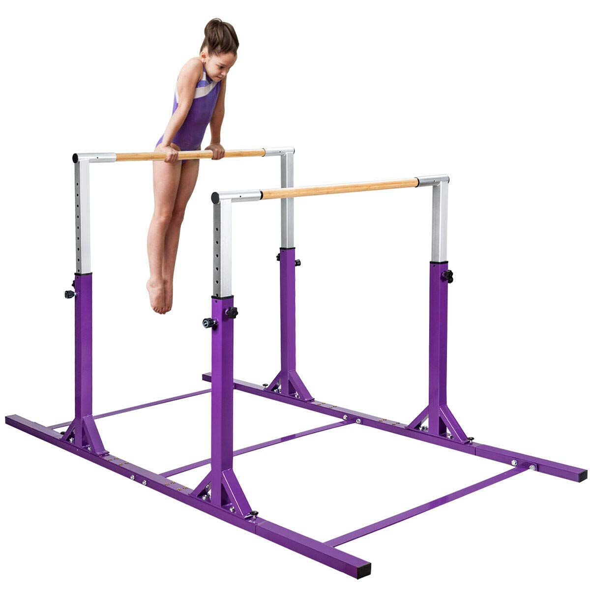 Costzon Double Horizontal Bars, Junior Gymnastic Training Parallel Bars w/11-Level 38-55" Adjustable Heights, 264lbs Capacity, Ideal for Indoors, Outdoor, Home Practice (Purple)