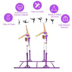 Costzon Double Horizontal Bars, Junior Gymnastic Training Parallel Bars w/11-Level 38-55" Adjustable Heights, 264lbs Capacity, Ideal for Indoors, Outdoor, Home Practice (Purple)