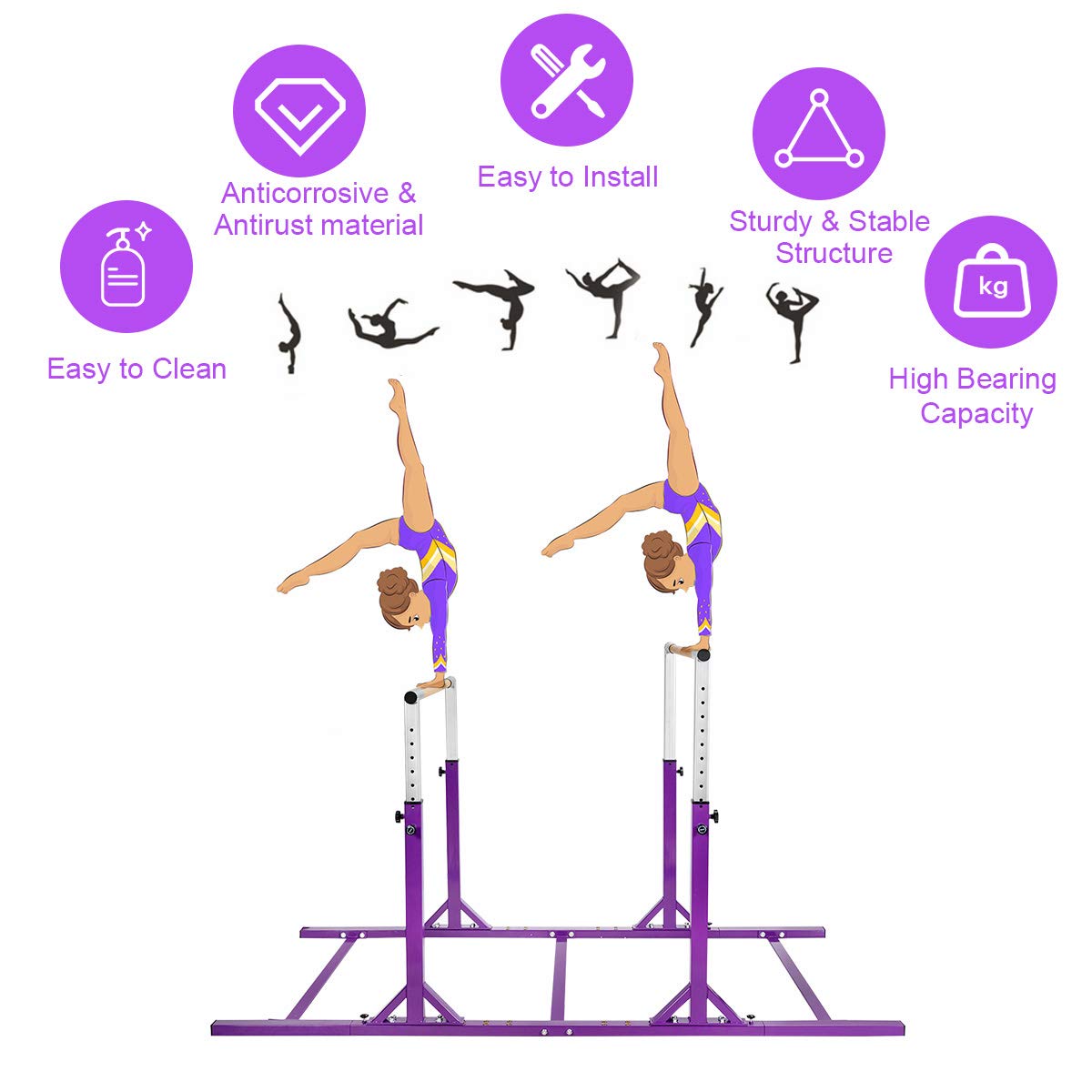 Costzon Double Horizontal Bars, Junior Gymnastic Training Parallel Bars w/11-Level 38-55" Adjustable Heights, 264lbs Capacity, Ideal for Indoors, Outdoor, Home Practice (Purple)