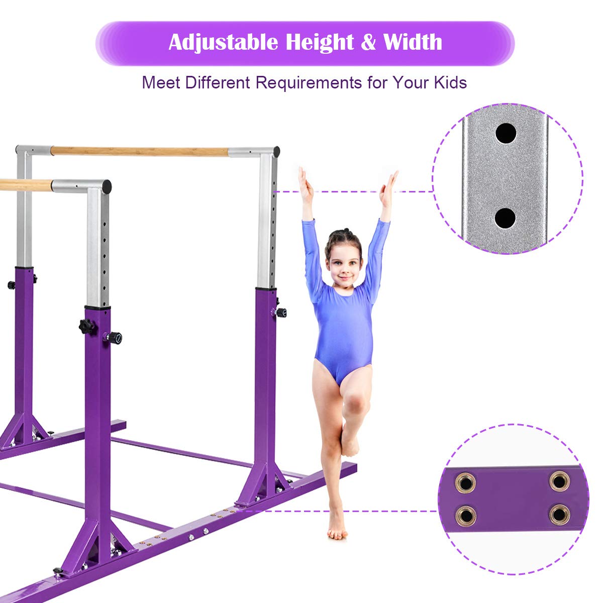 Costzon Double Horizontal Bars, Junior Gymnastic Training Parallel Bars w/11-Level 38-55" Adjustable Heights, 264lbs Capacity, Ideal for Indoors, Outdoor, Home Practice (Purple)