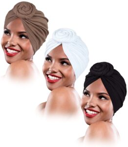 keland 3 pieces african pattern women turbans hats flower knot headwrap pre-tied cap (black&white&camel)