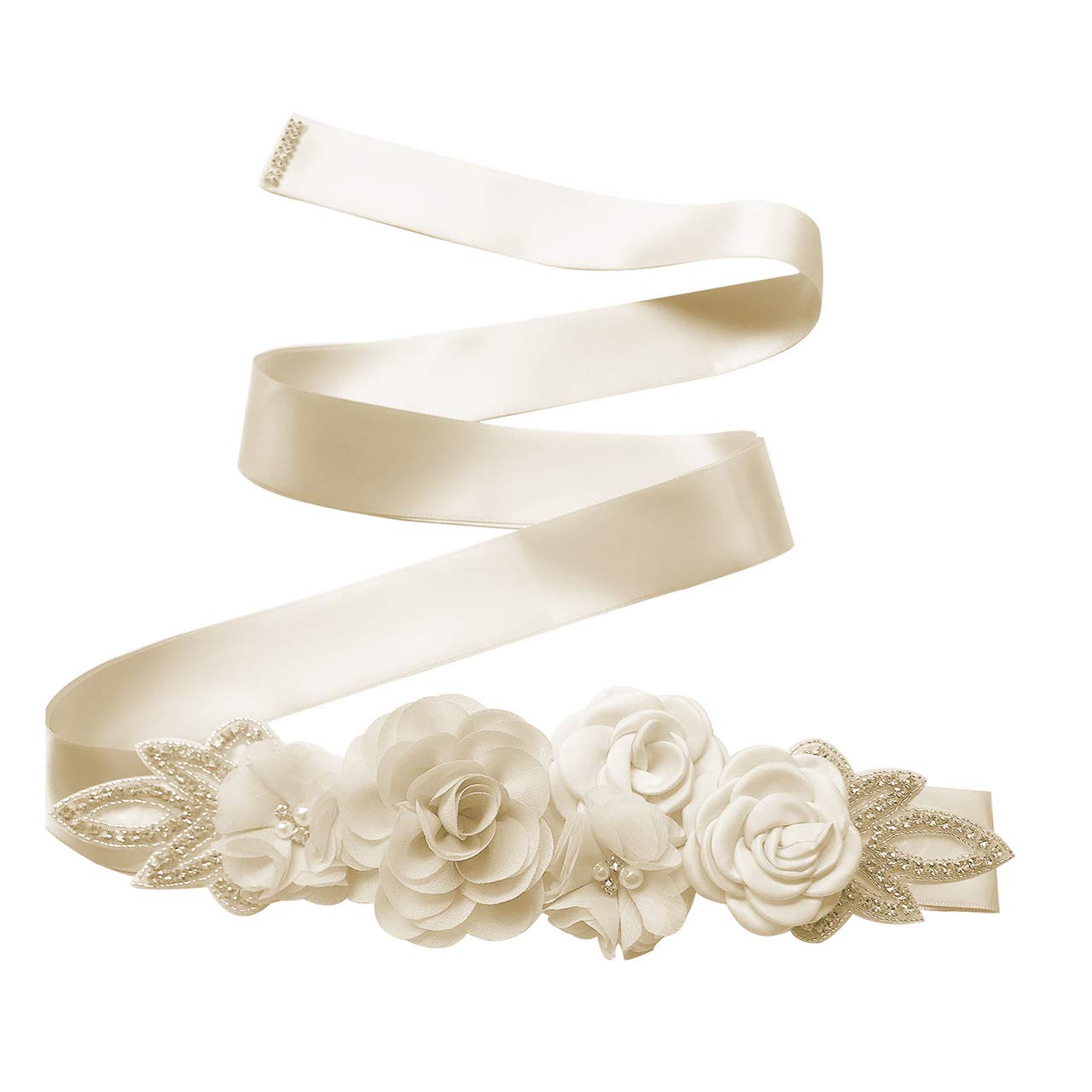 Ayliss Bridal Wedding Sash Belt with Flowers Pearls Rhinestone Dress Maternity Waist Belt Brides Bridesmaids (Ivory #1)