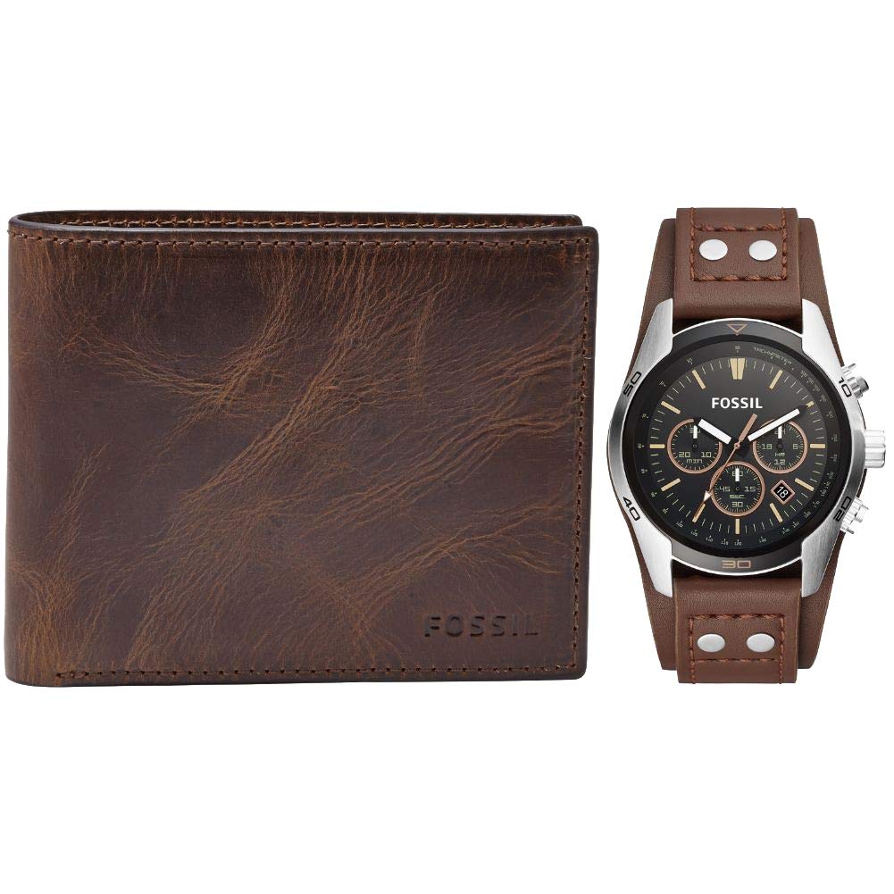 Fossil Men's RFID Flip ID Bifold Wallet, Dark Brown, One Size Men's Coachman Quartz Stainless Steel and Leather Casual Watch Color: Silver, Brown (Model: CH2891)