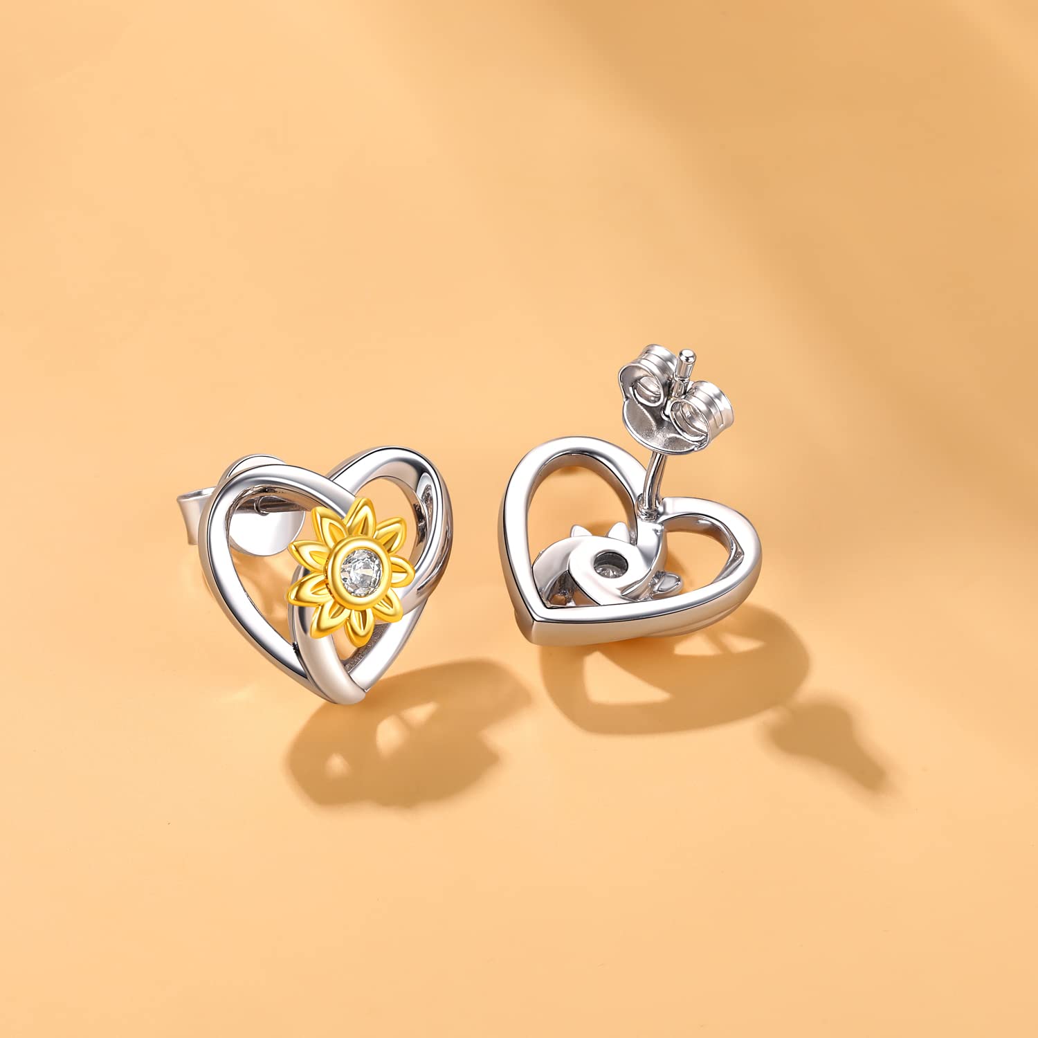 SNZM Stud Earrings for Women, S925 Sterling Silver Sunflower Earrings for Women, Dainty Heart Stud Earrings Ear Wrap Jewelry for Valentine's Day/Birthday Gift