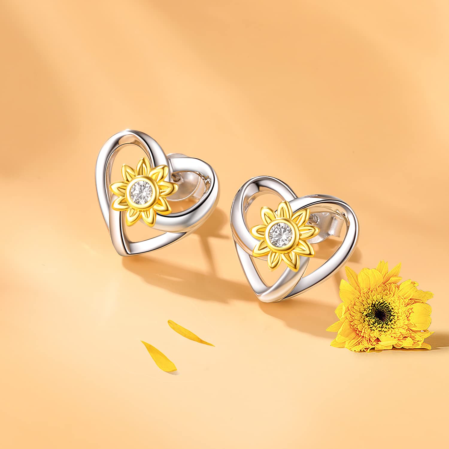 SNZM Stud Earrings for Women, S925 Sterling Silver Sunflower Earrings for Women, Dainty Heart Stud Earrings Ear Wrap Jewelry for Valentine's Day/Birthday Gift