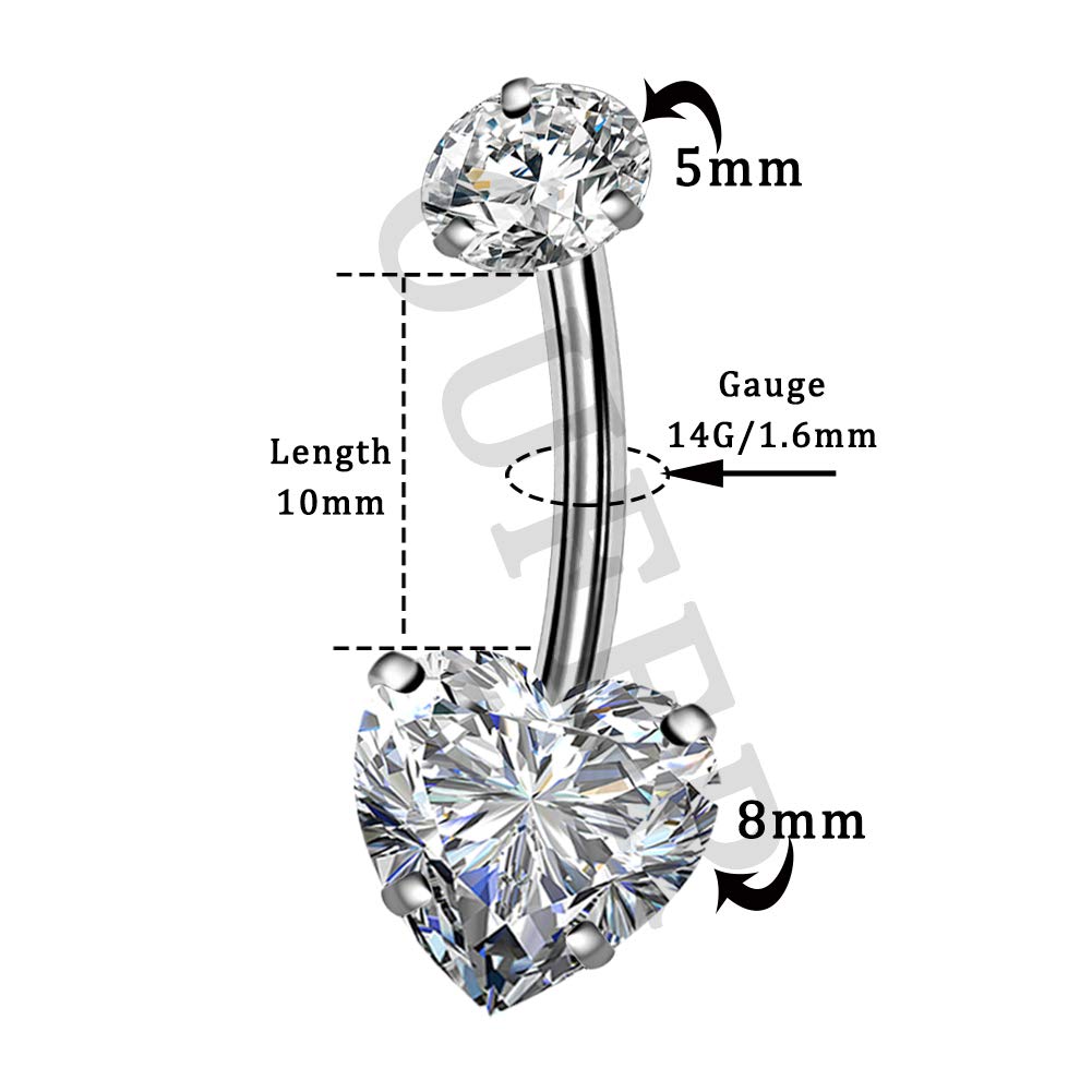 OUFER Titanium Belly Rings 14G G23 Solid Titanium Faceted Cubic Zirconia Heart Navel Rings Belly Button Body Piercing Jewelry