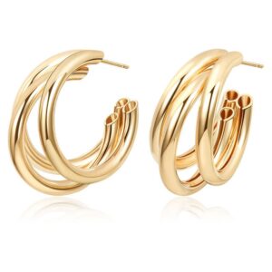 relovet triple hoop earrings chunky tube gold silver earrings minimal statement fashion for women (gold)