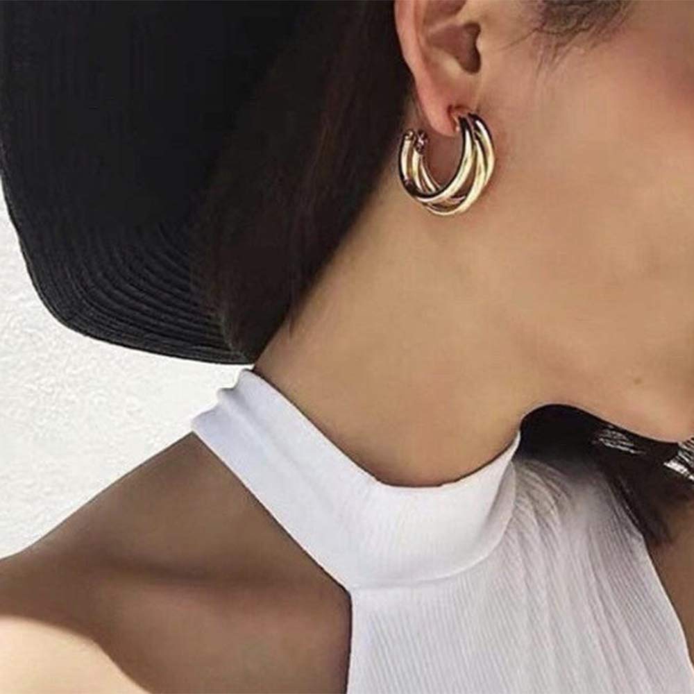 RELOVET Triple Hoop Earrings Chunky Tube Gold Silver Earrings Minimal Statement Fashion for Women (gold)