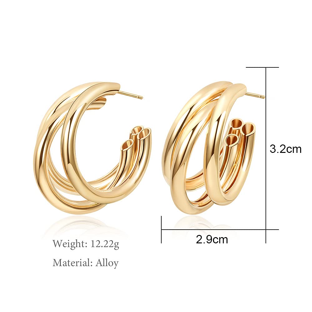 RELOVET Triple Hoop Earrings Chunky Tube Gold Silver Earrings Minimal Statement Fashion for Women (gold)