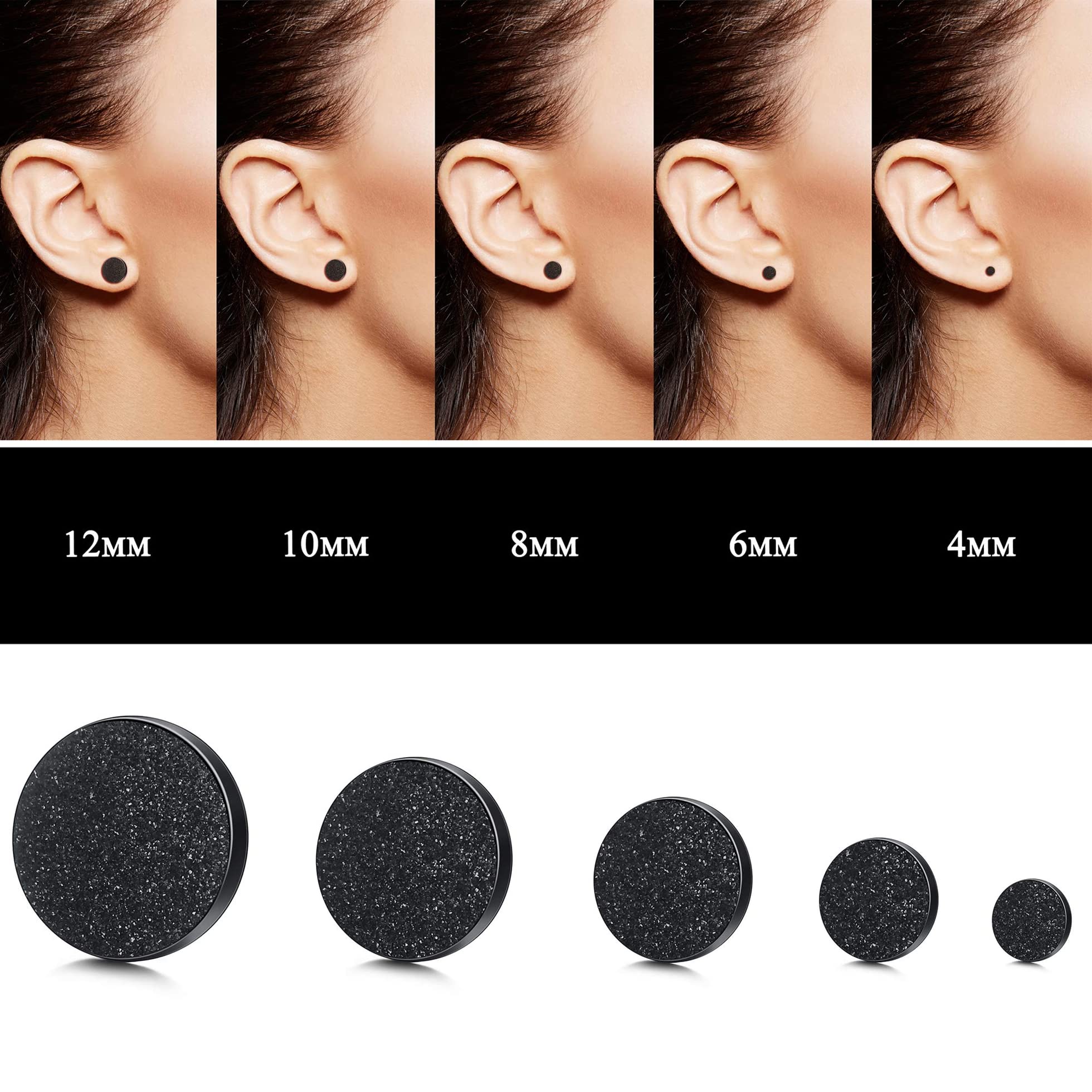 YADOCA Black Round Stud Earrings Set for Men Women 316L Surgical Stainless Steel Matte Black Ear Studs 5 Pairs 10mm