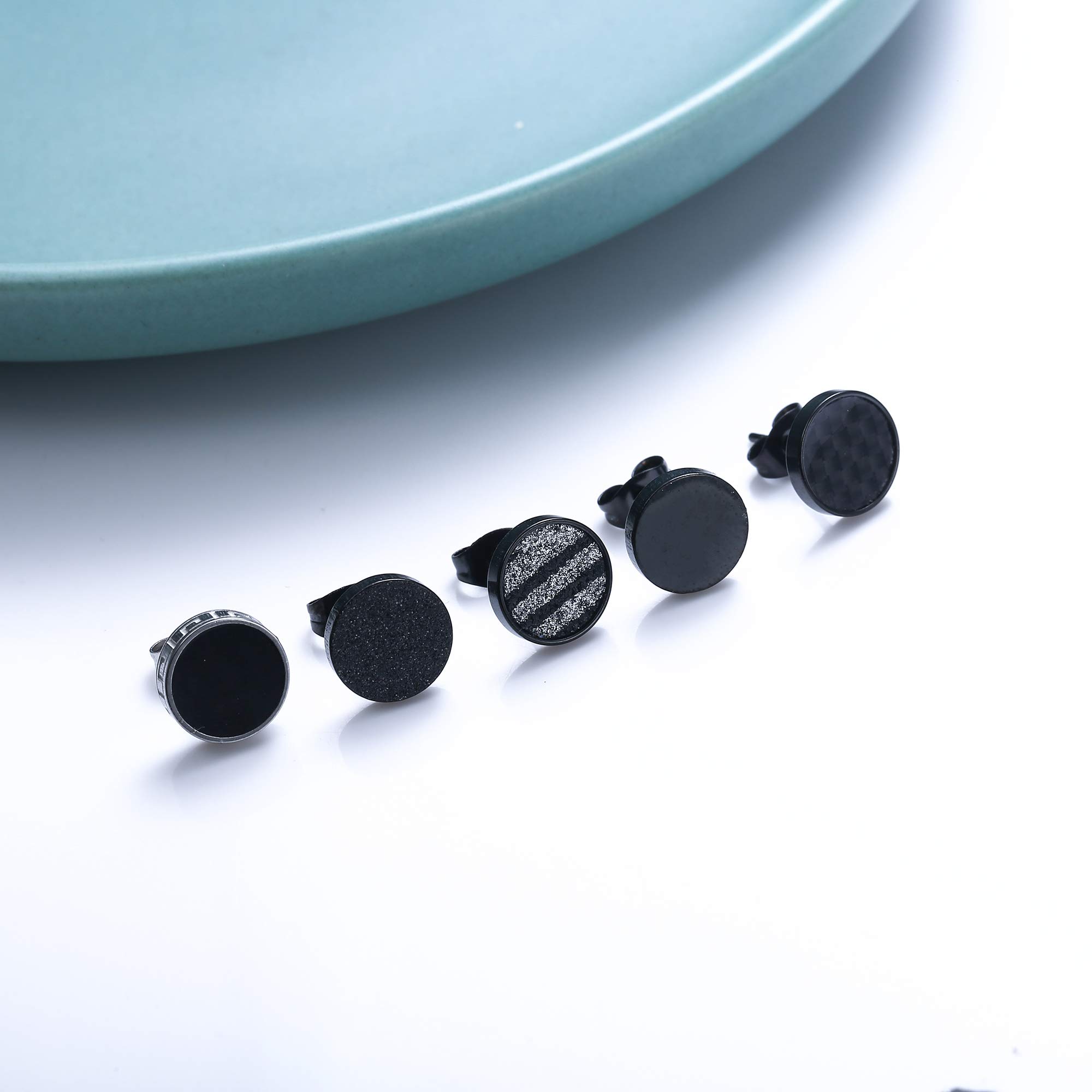 YADOCA Black Round Stud Earrings Set for Men Women 316L Surgical Stainless Steel Matte Black Ear Studs 5 Pairs 10mm