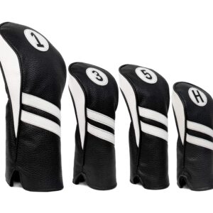 ProActive Sports | Vintage Golf Club Head Covers | for Drivers, Fairway Woods, and Hybrids | Classy Headcovers That Fit Most Clubs | Classic Leather Look | 4-Pack Combo 1, 3, 5, H | Black/White