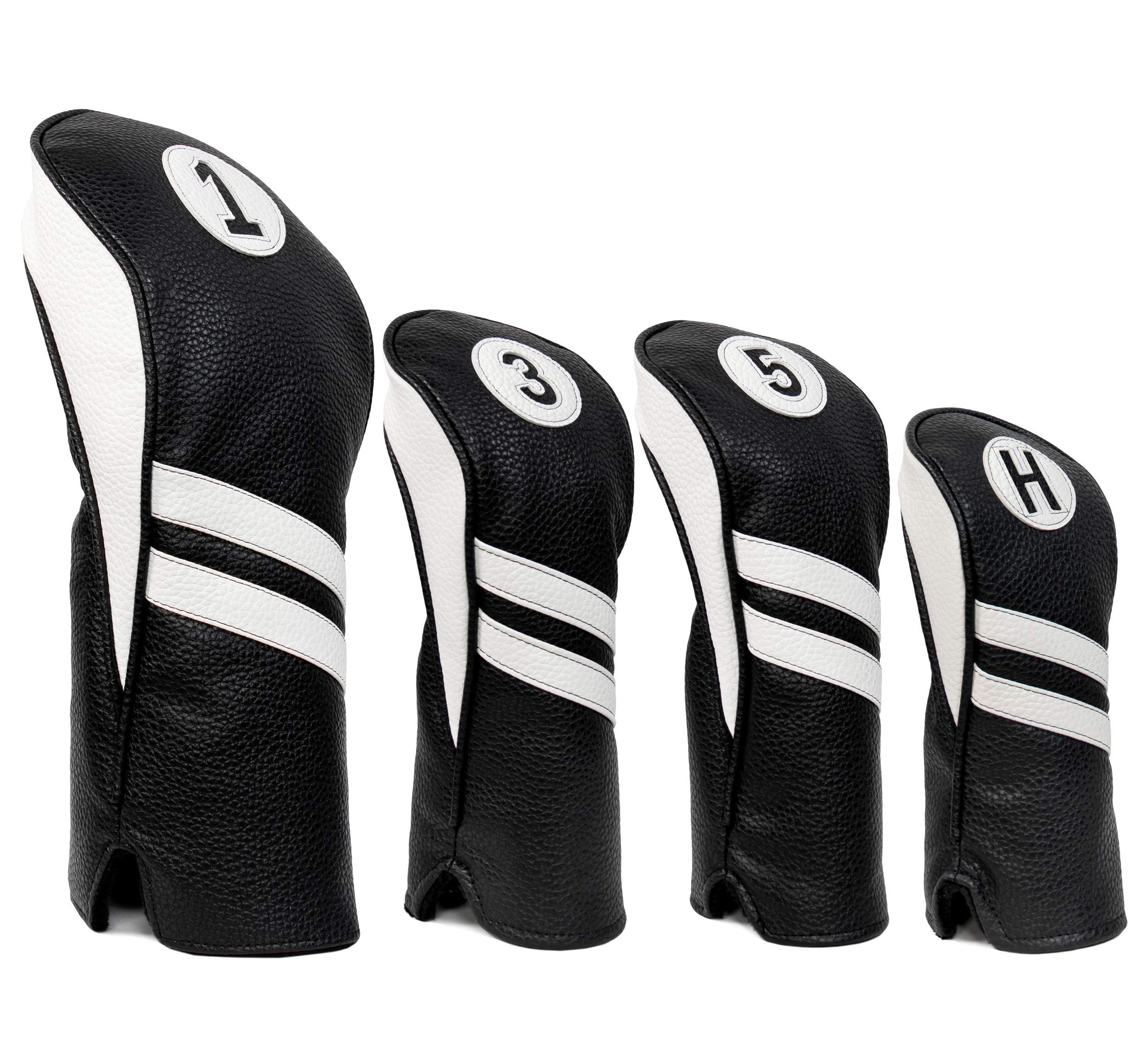 ProActive Sports | Vintage Golf Club Head Covers | for Drivers, Fairway Woods, and Hybrids | Classy Headcovers That Fit Most Clubs | Classic Leather Look | 4-Pack Combo 1, 3, 5, H | Black/White