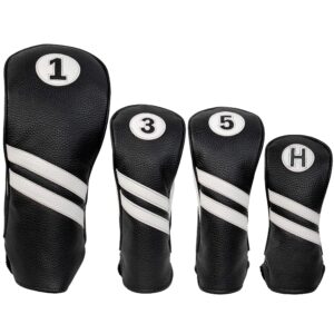 ProActive Sports | Vintage Golf Club Head Covers | for Drivers, Fairway Woods, and Hybrids | Classy Headcovers That Fit Most Clubs | Classic Leather Look | 4-Pack Combo 1, 3, 5, H | Black/White