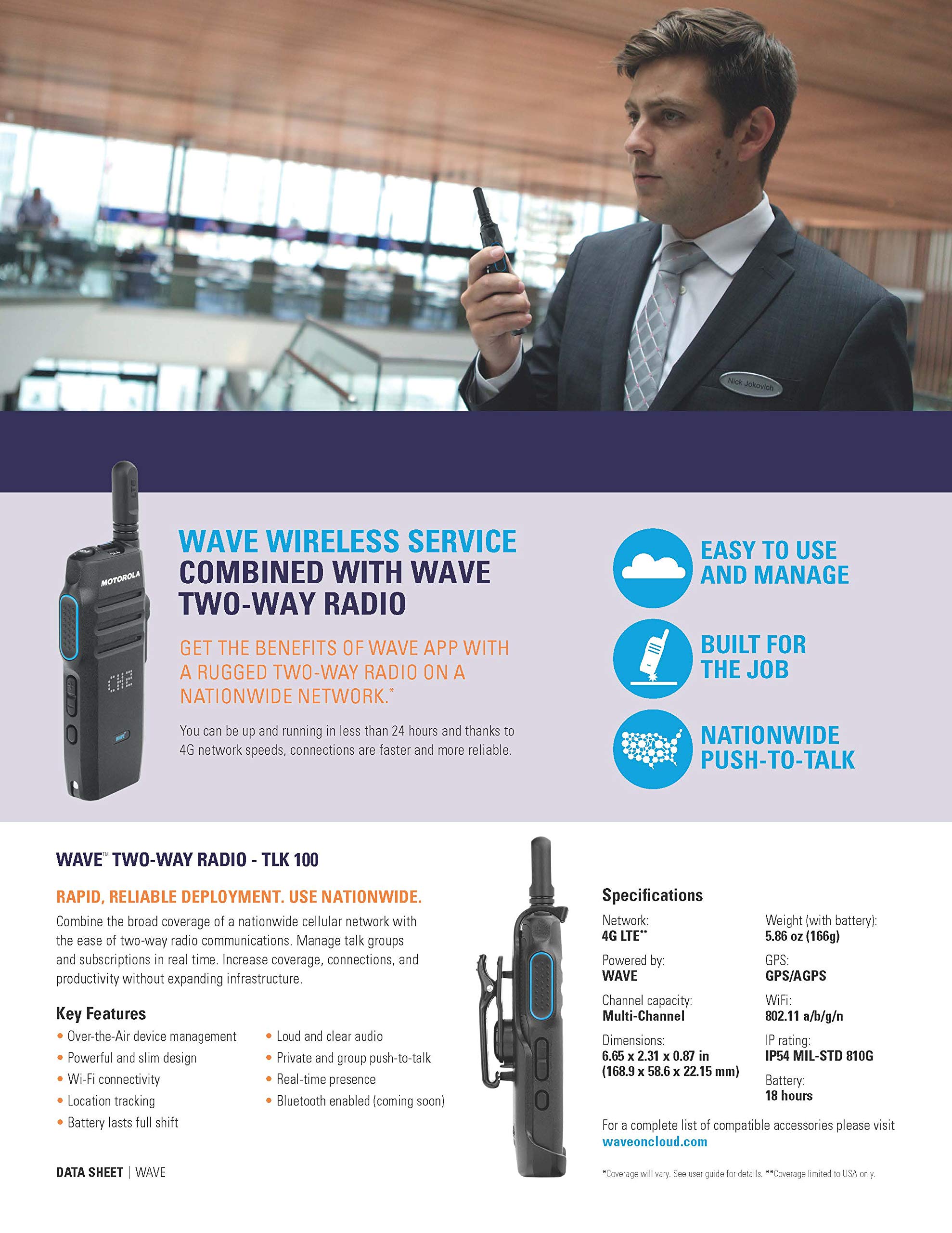 2 TLK100 Wave Using 4G LTE/WiFi Two Way Radio with Nationwide Coverage - Monthly Service Fee Required by Motorola Solutions