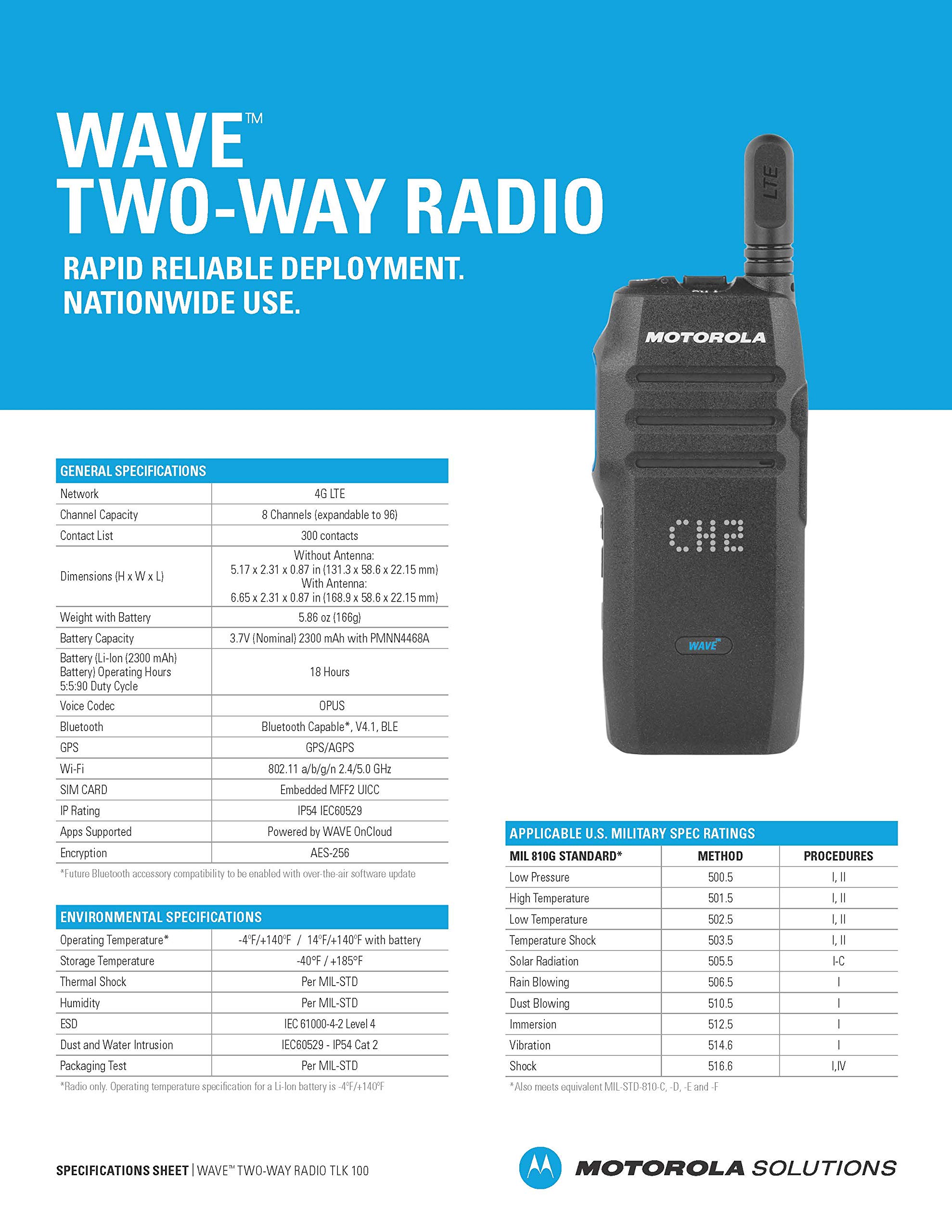 2 TLK100 Wave Using 4G LTE/WiFi Two Way Radio with Nationwide Coverage - Monthly Service Fee Required by Motorola Solutions