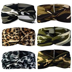 tiggell 6pcs camo leopard headbands elastic bow hairband turban twisted head wrap knot hair accessories for women girls running sport travel