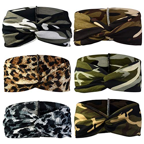 tiggell 6pcs Camo Leopard Headbands Elastic Bow Hairband Turban Twisted Head Wrap Knot Hair Accessories for Women Girls Running Sport Travel