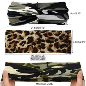 tiggell 6pcs Camo Leopard Headbands Elastic Bow Hairband Turban Twisted Head Wrap Knot Hair Accessories for Women Girls Running Sport Travel