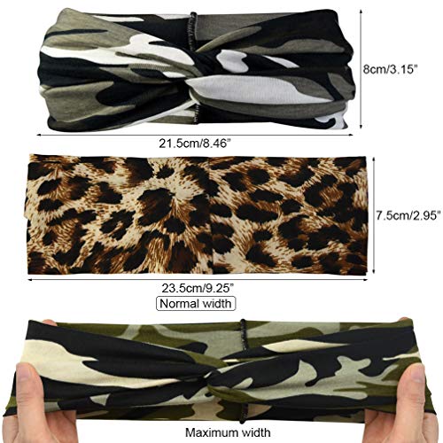 tiggell 6pcs Camo Leopard Headbands Elastic Bow Hairband Turban Twisted Head Wrap Knot Hair Accessories for Women Girls Running Sport Travel