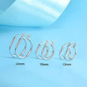 3 Pairs 925 Sterling Silver Hoop Earrings | Small White Gold Plated Hoop Earrings for Women (13mm, 15mm, 20mm)