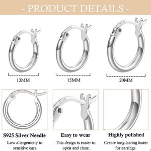 3 Pairs 925 Sterling Silver Hoop Earrings | Small White Gold Plated Hoop Earrings for Women (13mm, 15mm, 20mm)