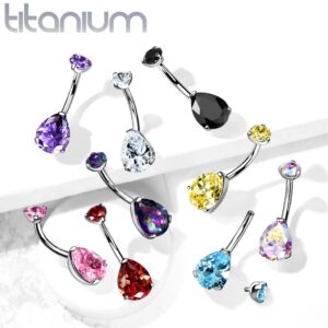 Dynamique Implant Grade Titanium Internally Threaded Top Prong Set Pear CZ Belly Button Rings (Sold Per Piece)