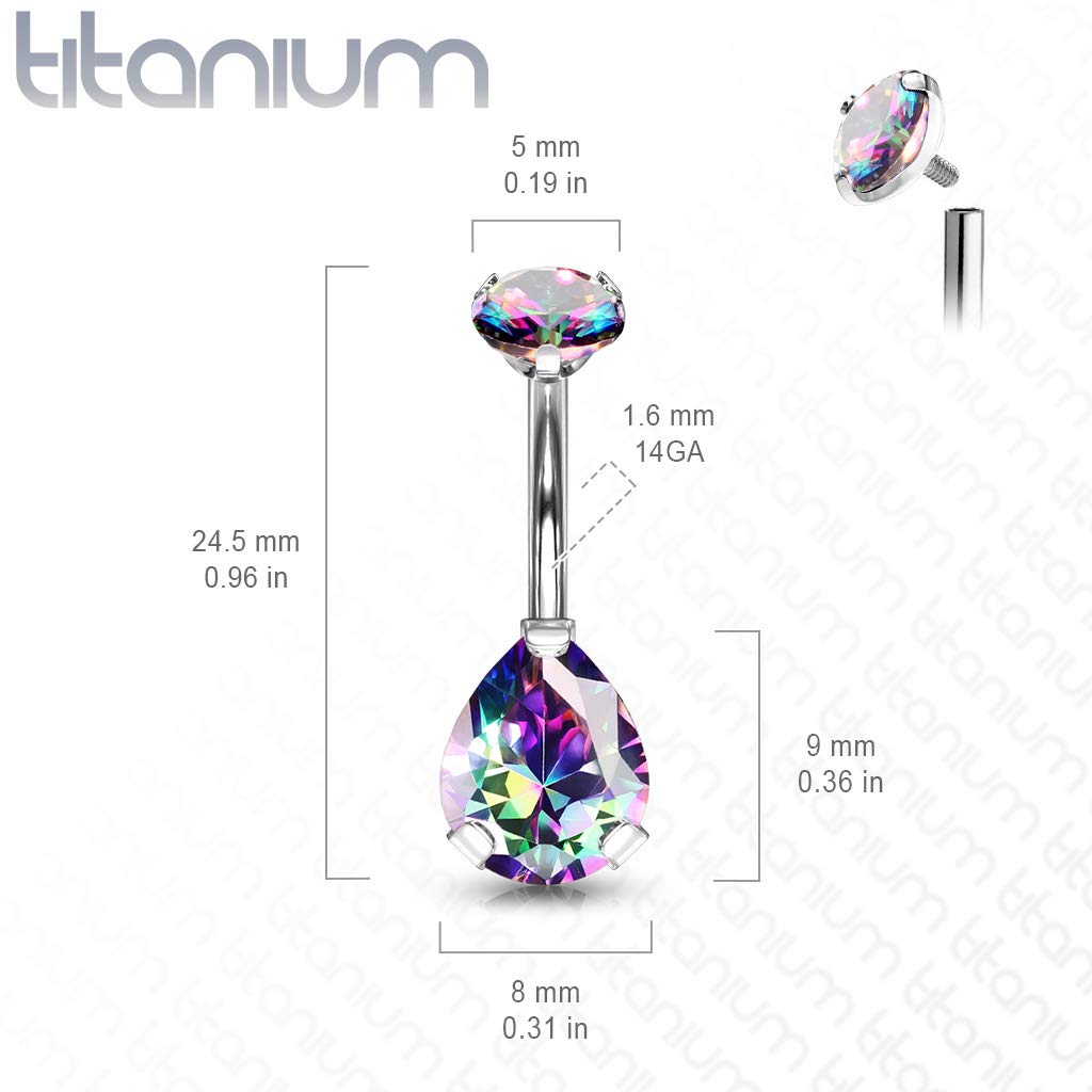 Dynamique Implant Grade Titanium Internally Threaded Top Prong Set Pear CZ Belly Button Rings (Sold Per Piece)