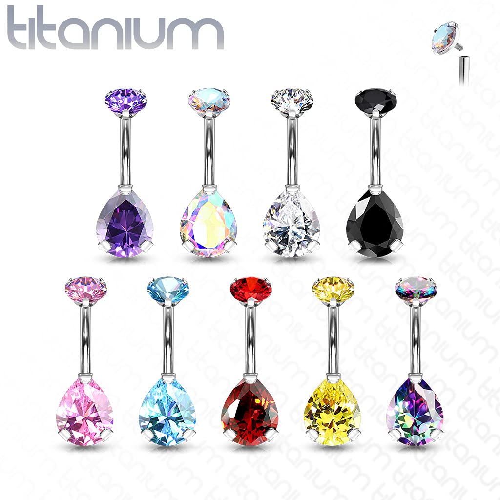 Dynamique Implant Grade Titanium Internally Threaded Top Prong Set Pear CZ Belly Button Rings (Sold Per Piece)