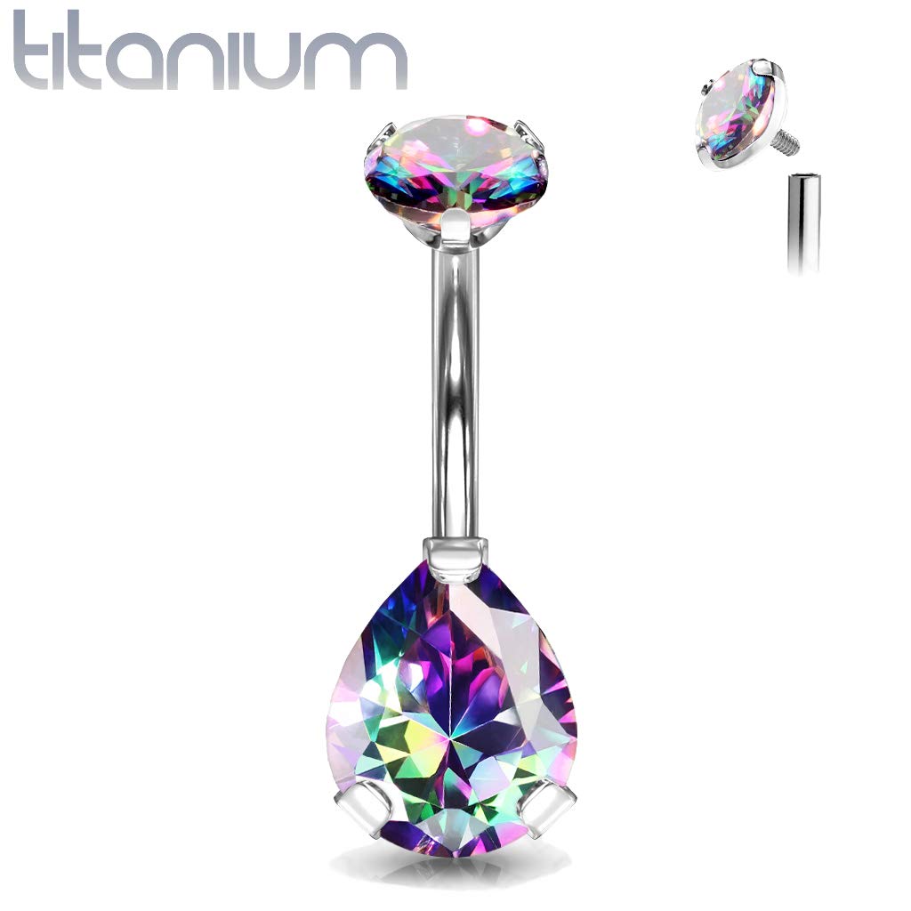 Dynamique Implant Grade Titanium Internally Threaded Top Prong Set Pear CZ Belly Button Rings (Sold Per Piece)