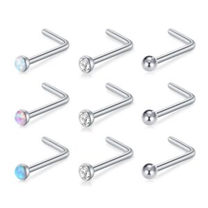 anicina 18g stainless steel l shaped nose rings studs 2mm mix color opal & cz & ball l nose stud ring nose nostril piercing jewelry for womens mens