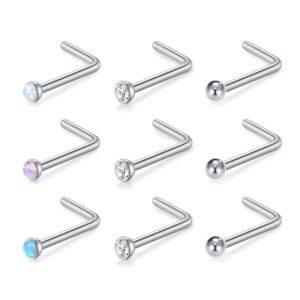 anicina 18g stainless steel l shaped nose rings studs 1.5mm mix color opal & cz & ball l nose stud ring nose nostril piercing jewelry for womens mens