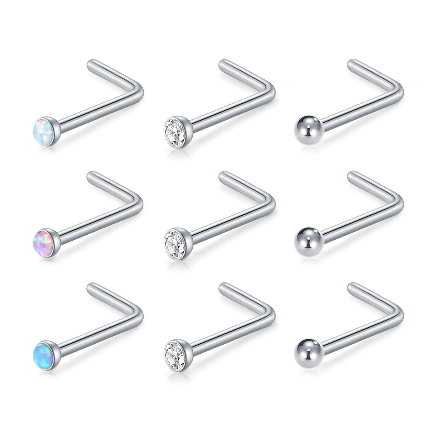 Anicina 18G Stainless Steel L Shaped Nose Rings Studs 1.5mm Mix Color Opal & CZ & Ball L Nose Stud Ring Nose Nostril Piercing Jewelry for Womens Mens