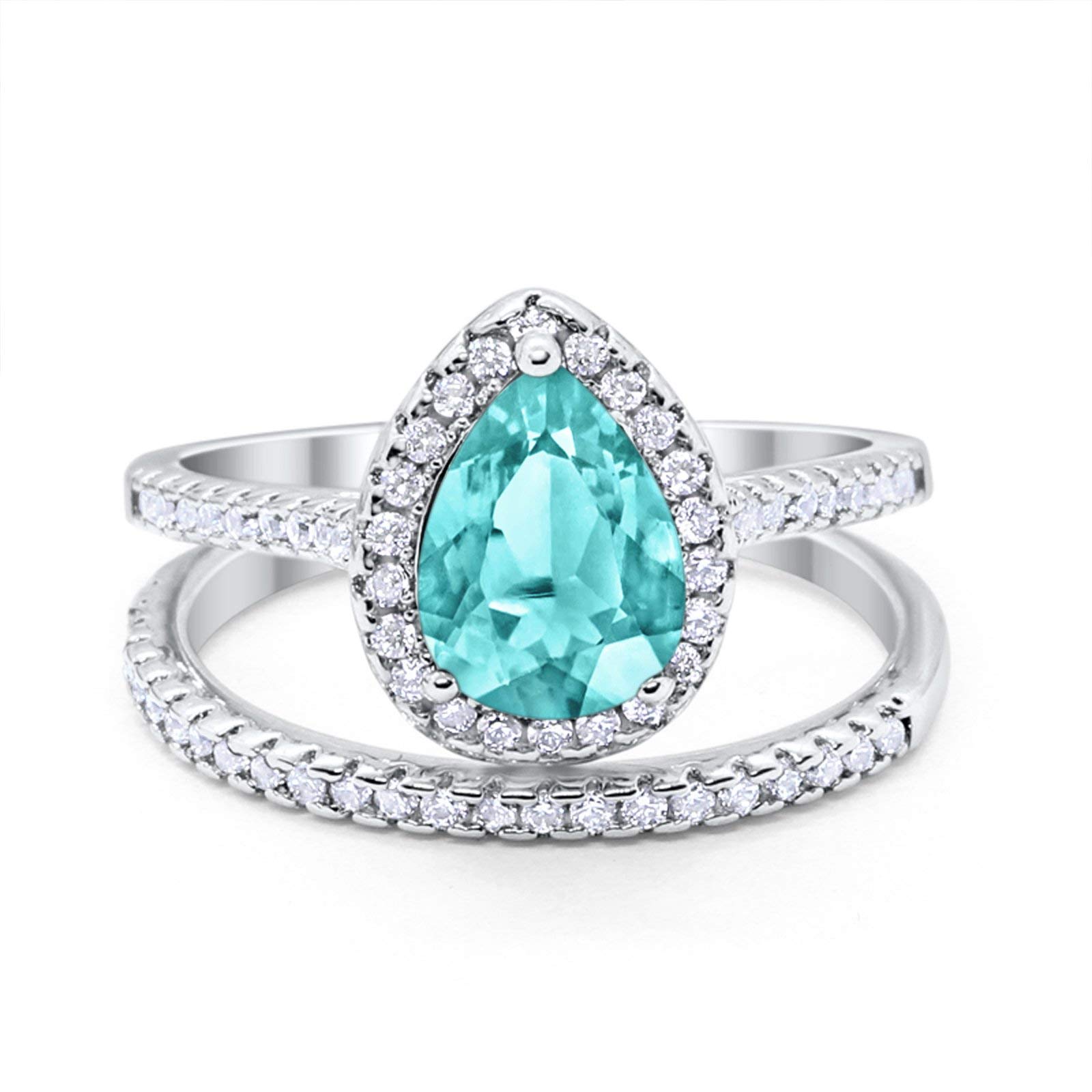 Blue Apple Co. Simulated Paraiba Tourmaline CZ Size-5 Teardrop Pear Bridal Set Wedding Engagement Ring Band Round Simulated Cubic Zirconia 925 Sterling Silver