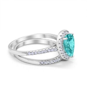 Blue Apple Co. Simulated Paraiba Tourmaline CZ Size-5 Teardrop Pear Bridal Set Wedding Engagement Ring Band Round Simulated Cubic Zirconia 925 Sterling Silver