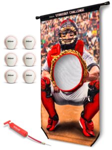 gosports strikeout challenge baseball toss doorway game - includes universal door frame tension rod and inflatable baseballs with ball pump