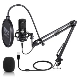 pyle usb microphone boom mic kit - audio cardioid condenser mic w/boom arm stand and pop filter - for gaming ps4, streaming, podcast kit, studio, youtube, works w/windows mac pc pdmikt140, black