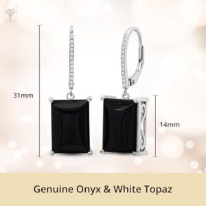 MAX + STONE Emerald Cut Black Onyx Dangle Earrings for Women in 925 Sterling Silver with Leverback and White Topaz Halo Accents 14mm Decemebr Birthstone