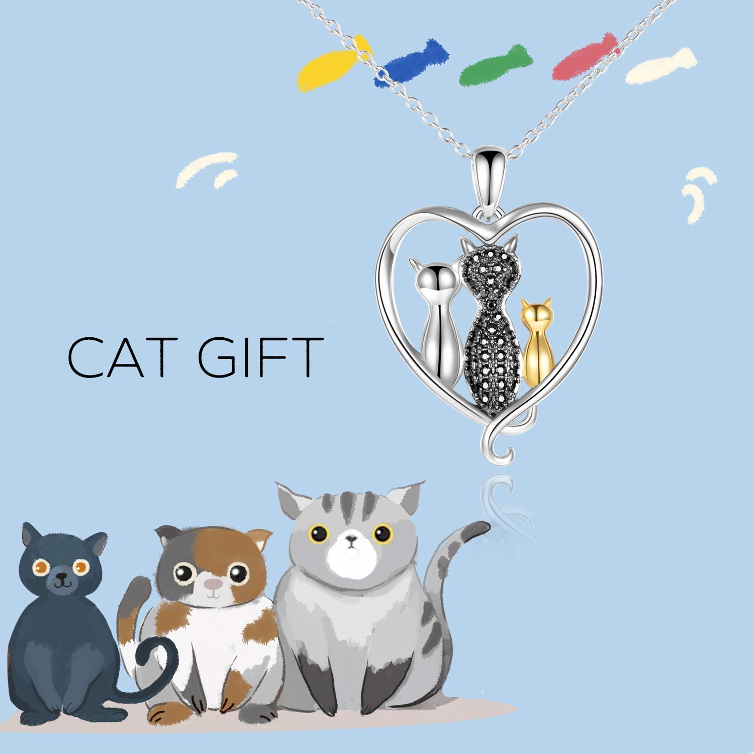 3 Cats Pendant Necklace 925 Sterling Silver Black Cat Lover Christmas Jewelry Themed Gifts for Woman Mother Grandmother Mother's Day Gift