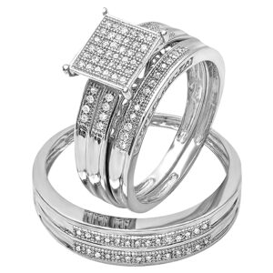 dazzlingrock collection round white diamond square head filigree wedding trio ring set (0.25 ctw) in 925 sterling silver, women size 9 and men size 10